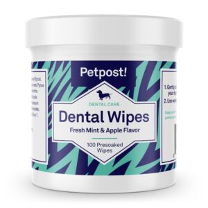 petpost | dental wipes for dogs - bad breath and tooth buildup remover - presoaked pads in natural tooth cleaning solution 100 ct.