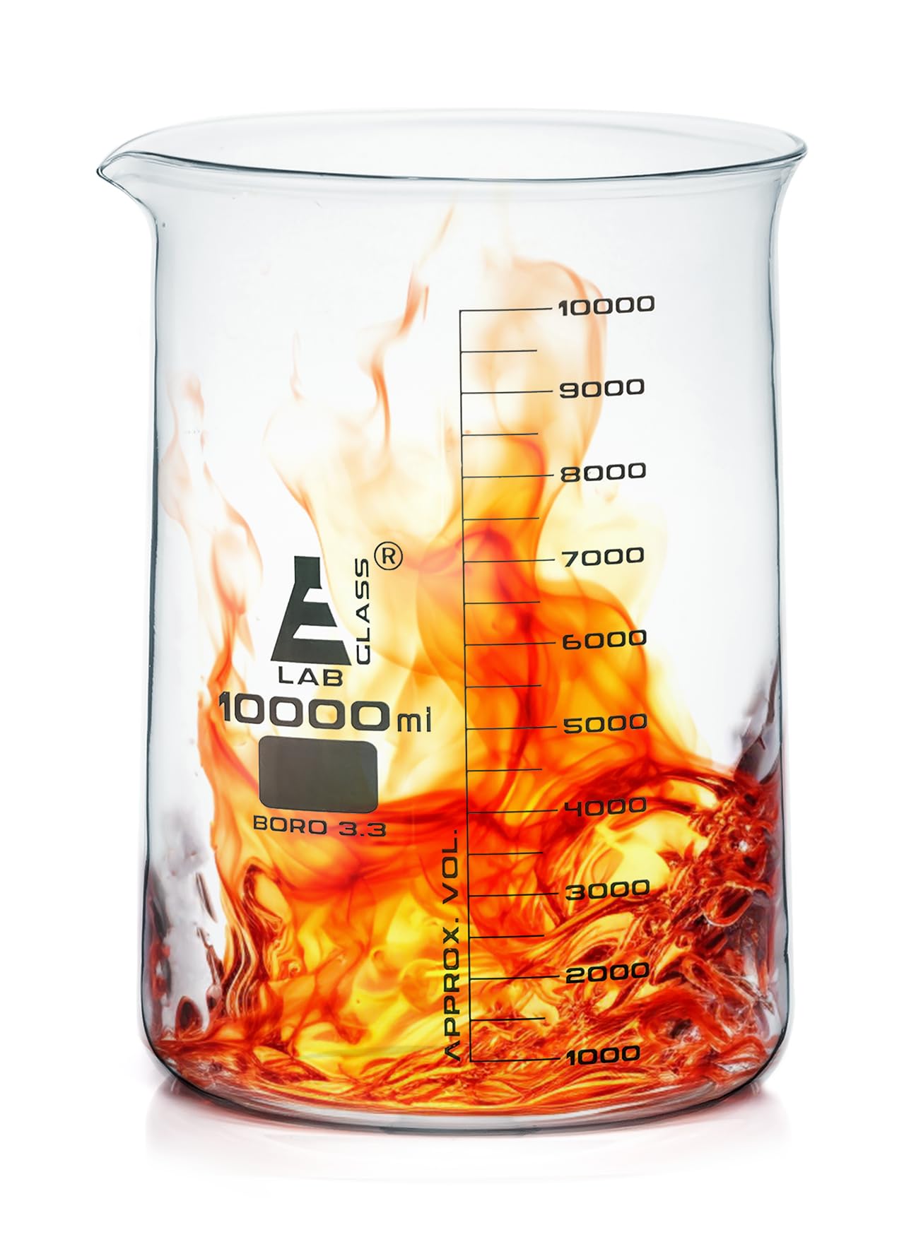 EISCO Beaker, 10,000ml - Low Form with Spout - White, 500ml Graduations - Borosilicate 3.3 Glass - 10L Beaker, Large Beaker