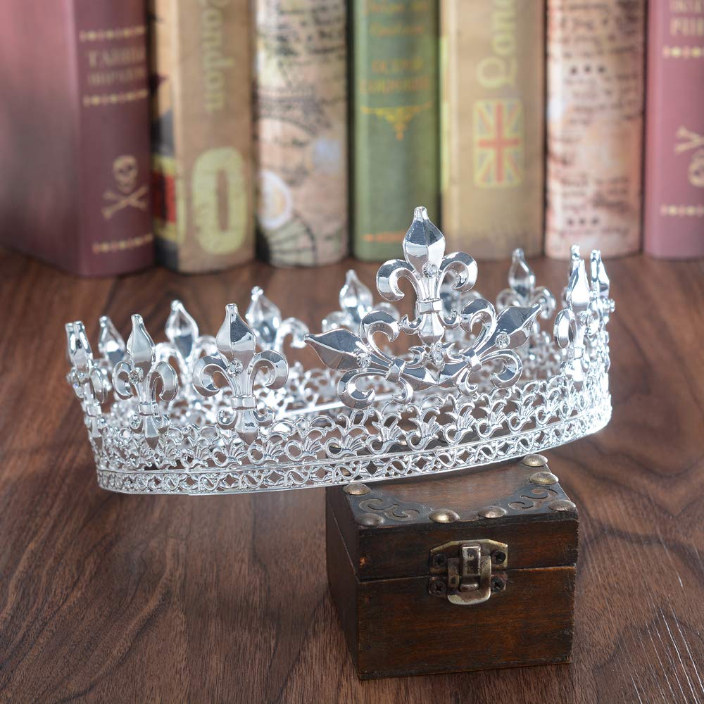 S SNUOY King Crowns for Men Silver Crown Full Metal Tiaras Male's Pageant Party Hats Medieval Prom Costume Hair Accessories Mens Crown