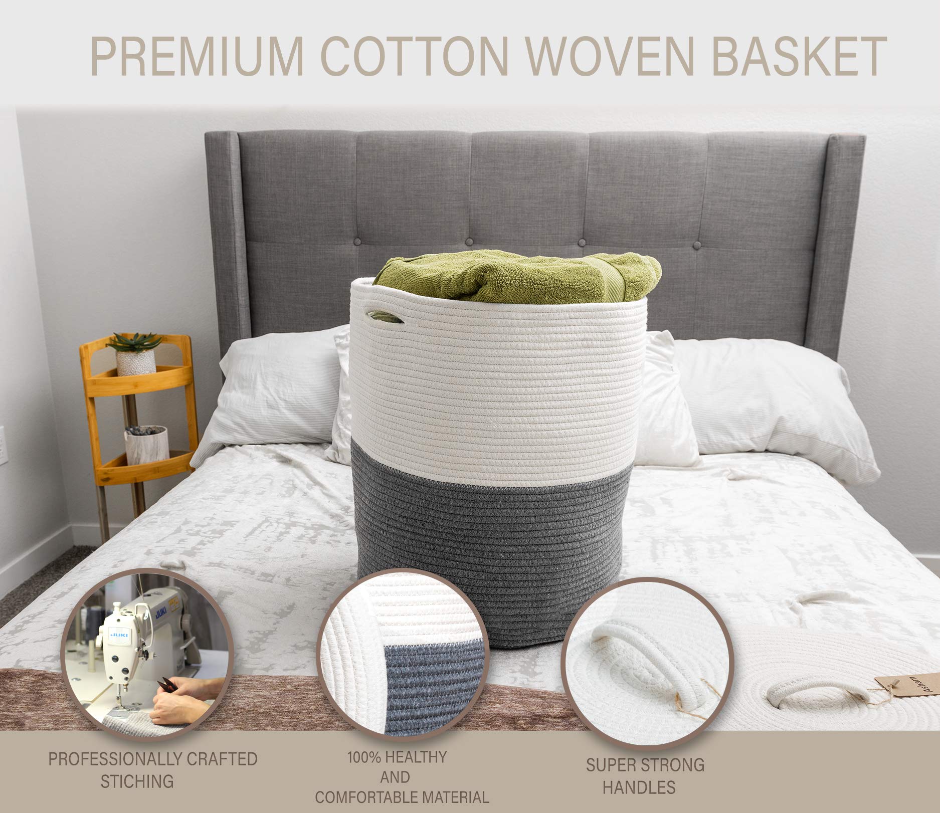 Mevyucr Large Laundry Basket with Lid, Tall Laundry Hamper with Lid, Woven Storage Basket Decorative Cotton Basket for Blankets Clothes Toys Pillows Towels Baby Nursery Bathroom Living Room Kitchen