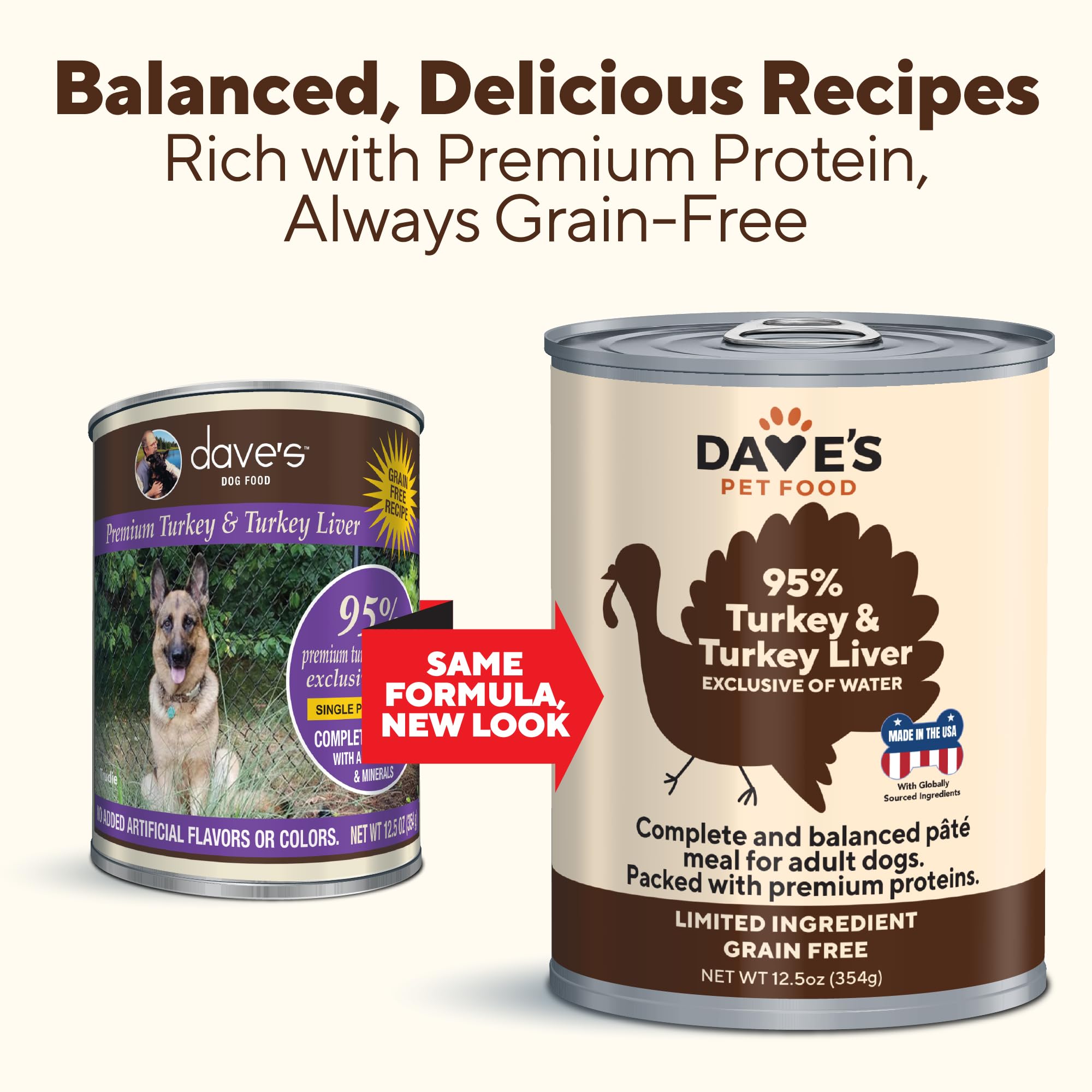 Dave's Pet Food Grain Free Wet Dog Food (95% Turkey & Turkey Liver), Made in USA Single-Source Protein, Limited Ingredients Added Vitamins & Minerals, 12.5 oz Cans (Case of 12)