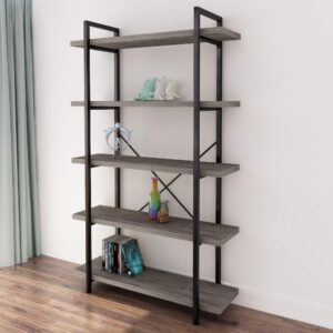 45minst 5-tier vintage industrial style bookcase/metal and wood bookshelf furniture for collection, gray oak, 3/4/5 tier (5-tier)