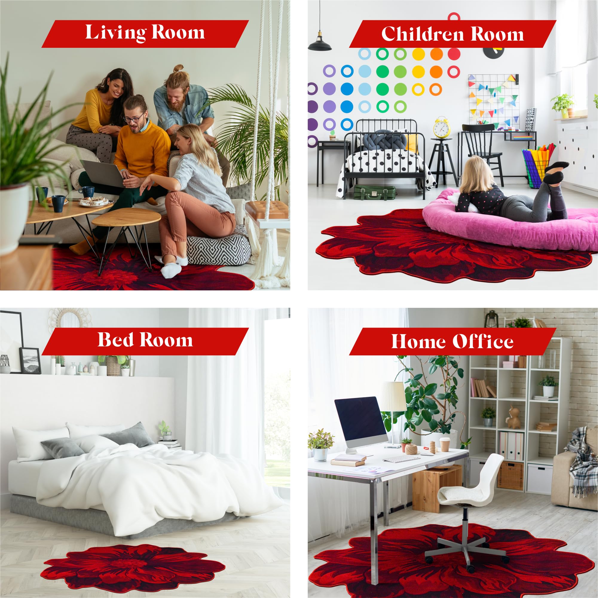 Flower Rug 2ft Round Area Rugs Cute Plush Flower Shaped Rug Circle Girly for Bedroom Floor Living Room Carpet 305 Red