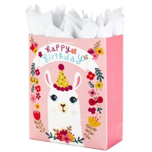 Hallmark 15" Extra Large Gift Bag with Tissue Paper for Birthdays (Llama and Flowers)