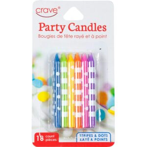 Jacent Fun Polka Dot and Striped Multicolored Birthday Candles, 18 Count per Pack - 1 Pack