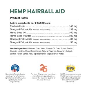 NaturVet Hemp Hairball Aid Plus Hemp Seed for Cats, 60 ct Soft Chews, Made in The USA