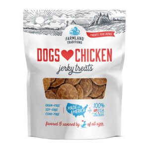 farmland traditions filler free dogs love chicken premium jerky treats for dogs, 6 oz. bag