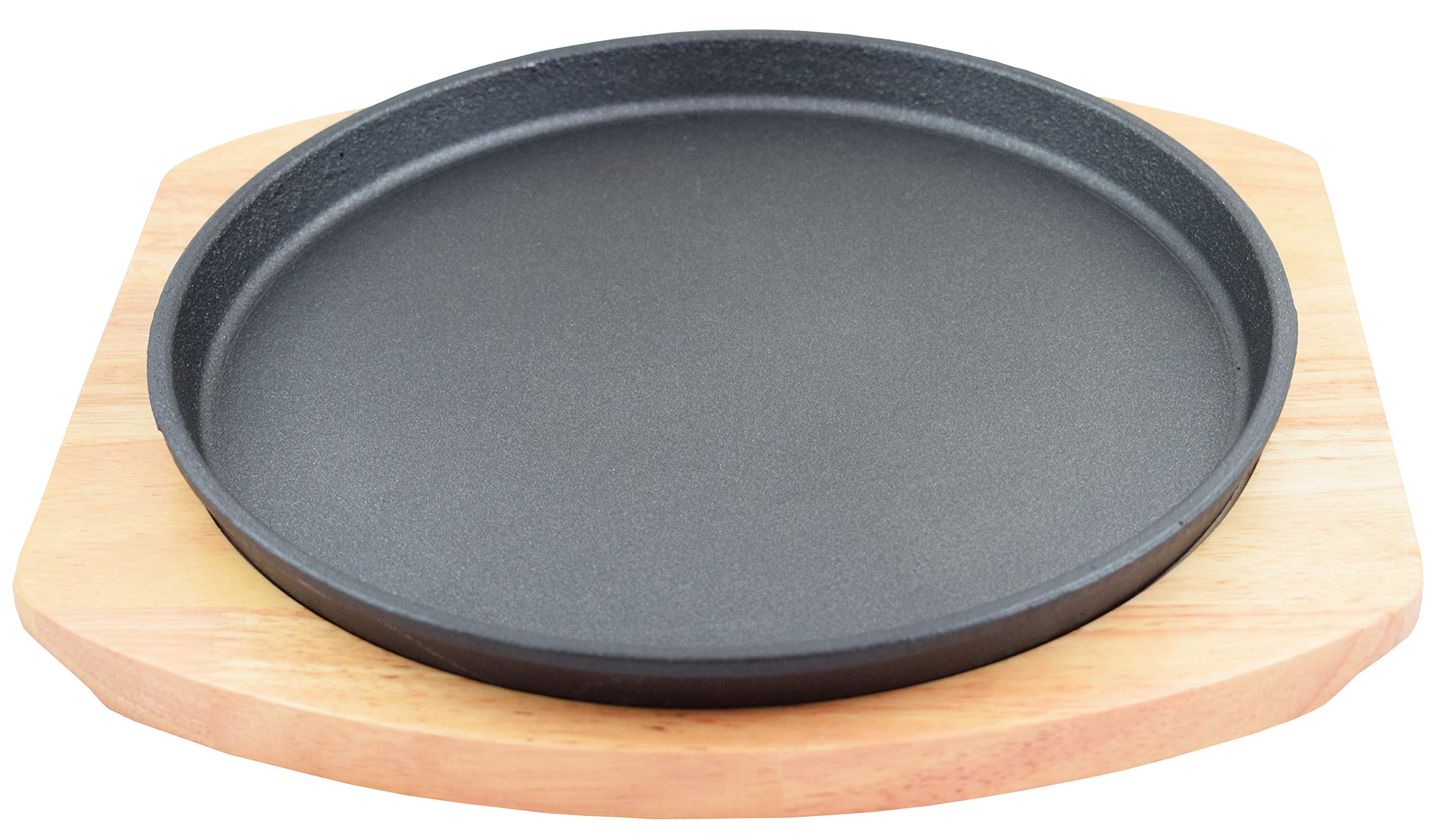 SUNRISE Round Cast Iron Set W/Rubber Wood Underliner For Making Pizza, Sizzling meat (11.80")