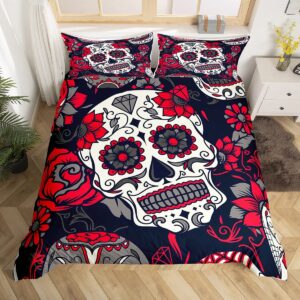 gothic skull comforter cover set queen size, death skull duvet cover for boys girls adults sugar skull bedding set skeleton decor bedspread cover red rose floral bedding,1 duvet cover 2 pillow shams