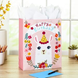 Hallmark 15" Extra Large Gift Bag with Tissue Paper for Birthdays (Llama and Flowers)