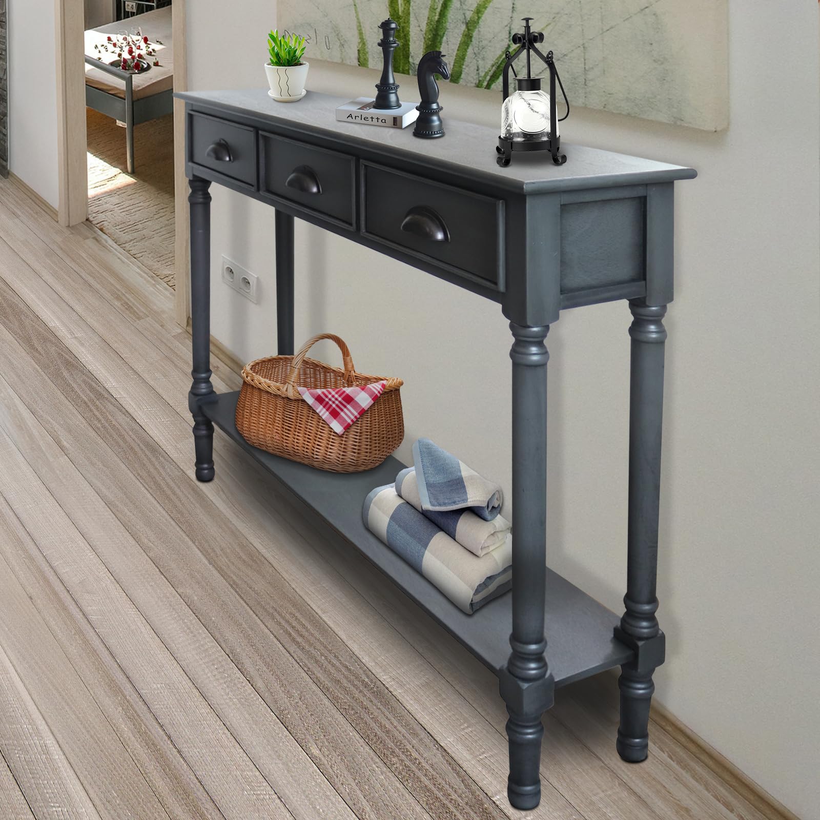 Urbanest Modern Burlington Console Table with 3 Drawers (Solid Wood, Gun Metal)