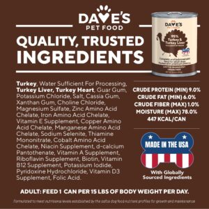 Dave's Pet Food Grain Free Wet Dog Food (95% Turkey & Turkey Liver), Made in USA Single-Source Protein, Limited Ingredients Added Vitamins & Minerals, 12.5 oz Cans (Case of 12)