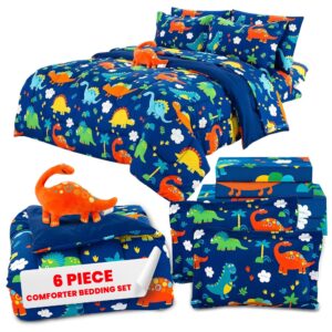 sapphire home 6 piece dinosaur twin bedding set for boys, bed in a bag, kids comforter set with bed sheets, pillow case, toy pillow, toddler bedroom kit, dinosaur room decor for boys, twin size