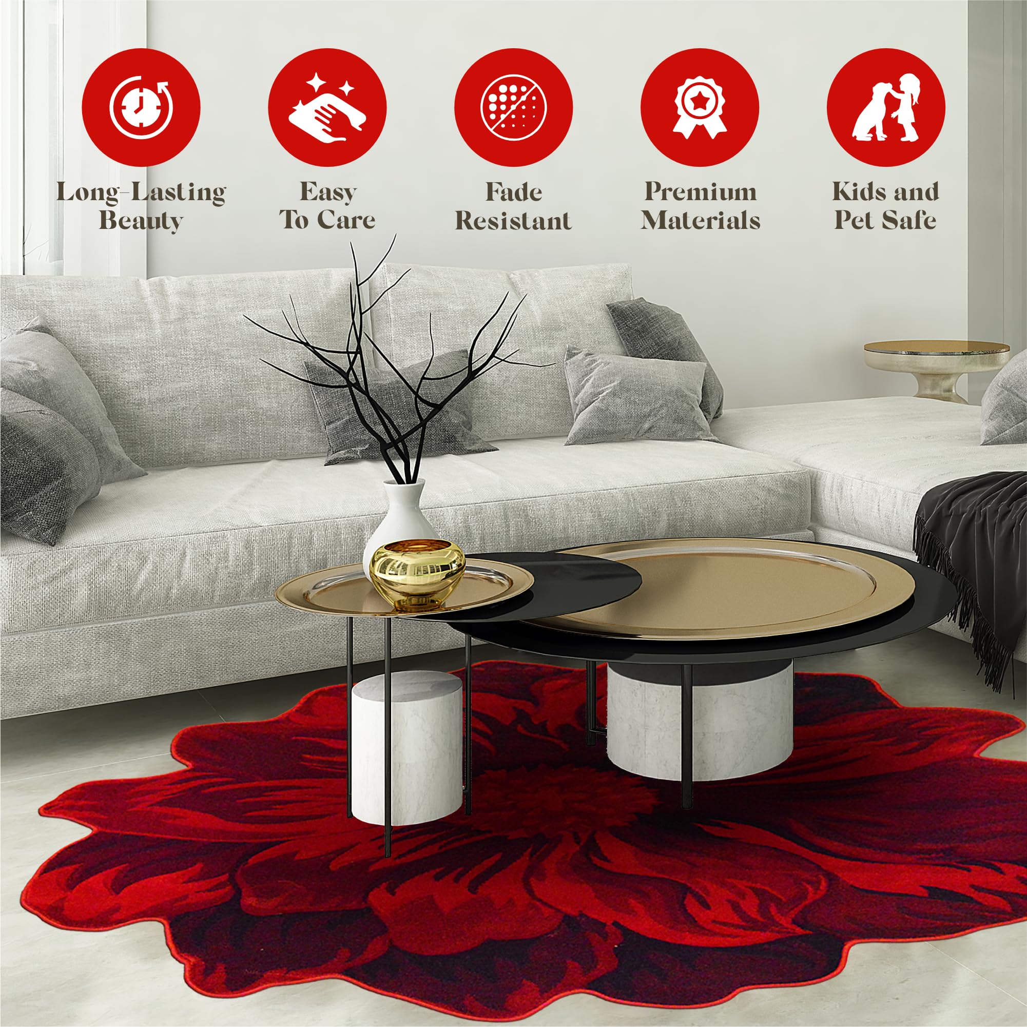 Flower Rug 2ft Round Area Rugs Cute Plush Flower Shaped Rug Circle Girly for Bedroom Floor Living Room Carpet 305 Red