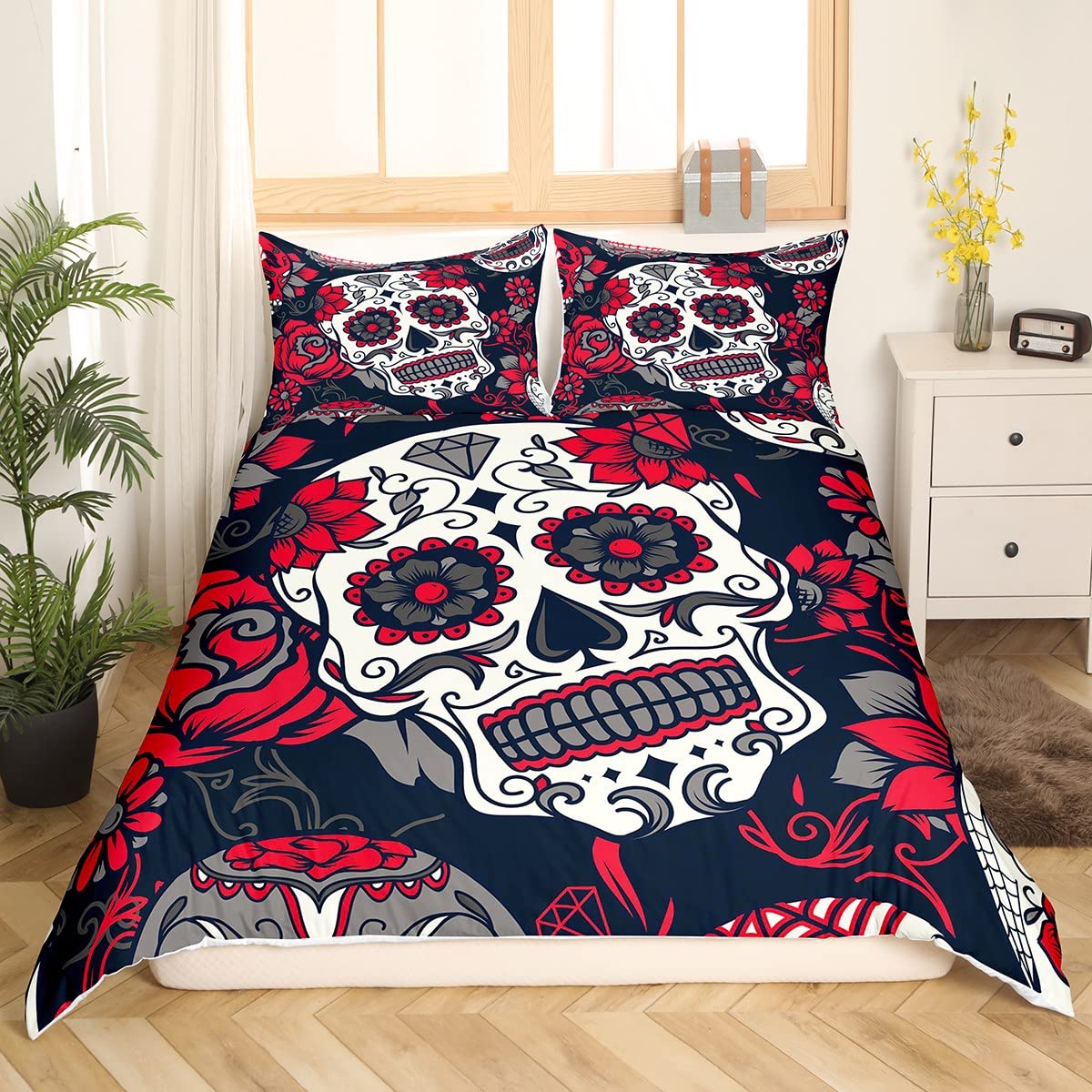 Gothic Skull Comforter Cover Set Queen Size, Death Skull Duvet Cover for Boys Girls Adults Sugar Skull Bedding Set Skeleton Decor Bedspread Cover Red Rose Floral Bedding,1 Duvet Cover 2 Pillow Shams