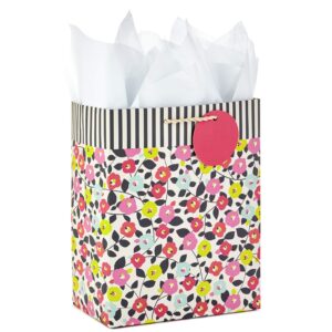 hallmark 9" medium gift bag with tissue paper (flowers and stripes) for birthdays, mother's day, baby showers, bridal showers, weddings or any occasion