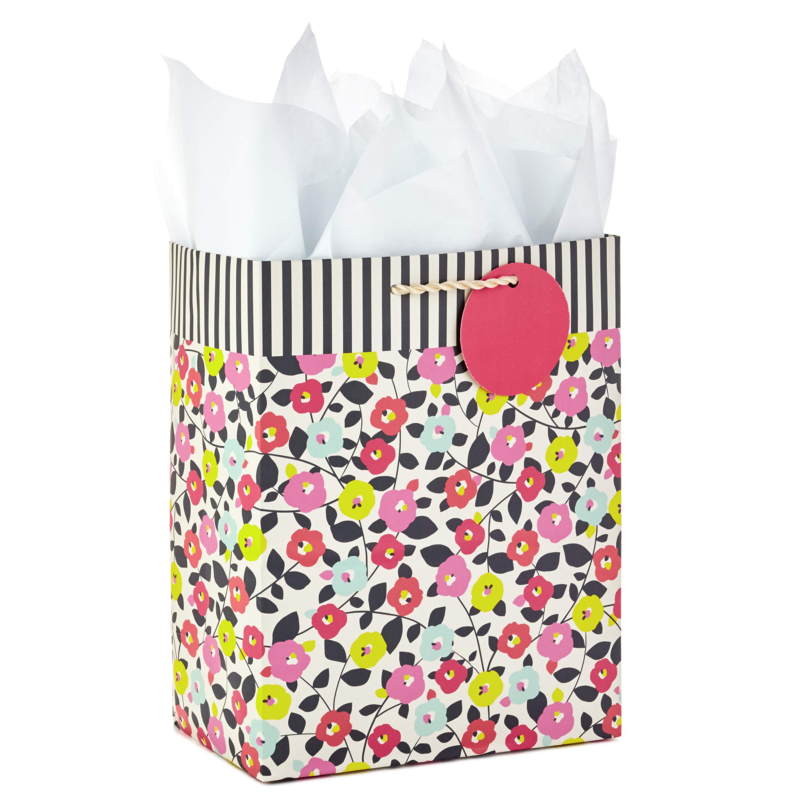 Hallmark 9" Medium Gift Bag with Tissue Paper (Flowers and Stripes) for Birthdays, Mother's Day, Baby Showers, Bridal Showers, Weddings or Any Occasion