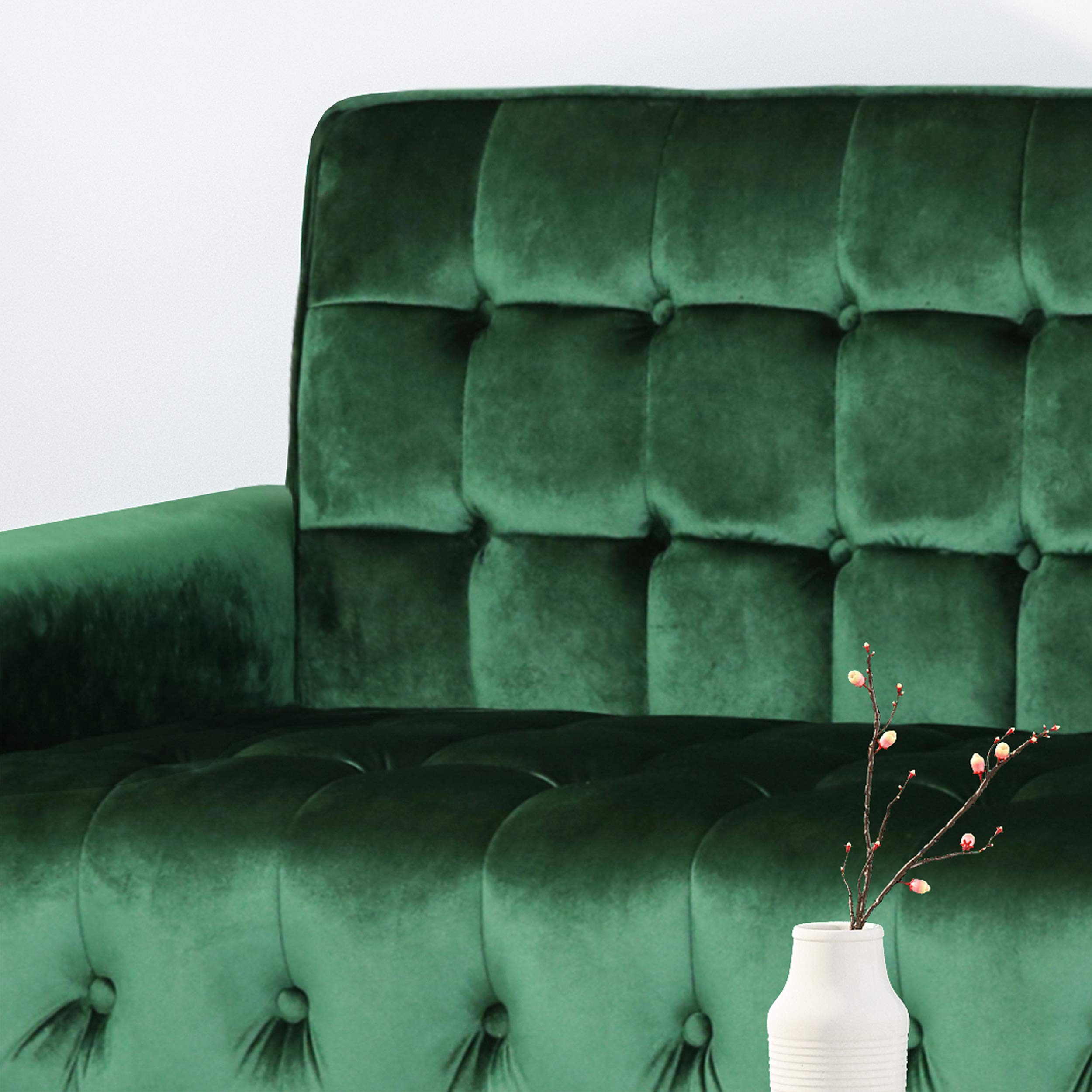 Christopher Knight Home Adan Tufted Velvet Sofa Tipped Tapered Legs, Emerald and Gold Finish