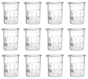 eisco 12pk beakers, 20ml - astm - low form with spout - dual scale, white graduations - borosilicate 3.3 glass