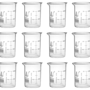 EISCO 12PK Beakers, 20ml - ASTM - Low Form with Spout - Dual Scale, White Graduations - Borosilicate 3.3 Glass