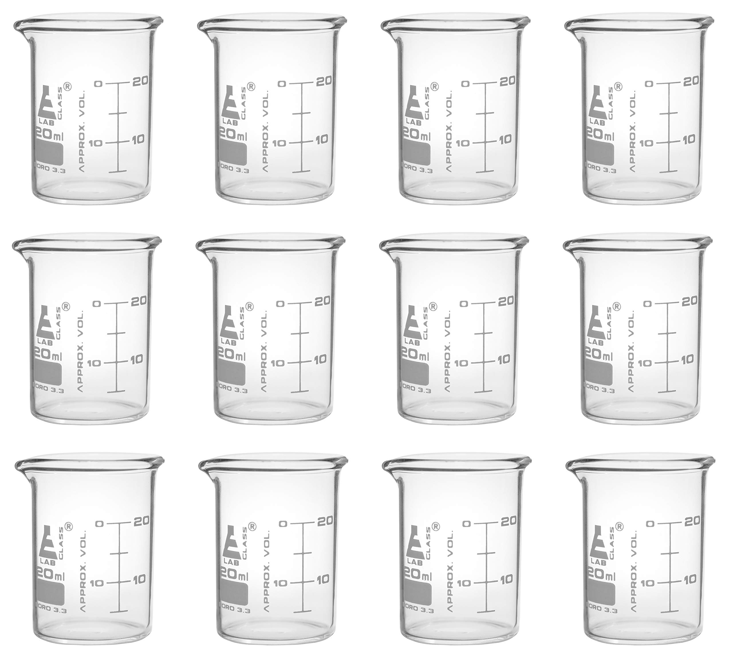 EISCO 12PK Beakers, 20ml - ASTM - Low Form with Spout - Dual Scale, White Graduations - Borosilicate 3.3 Glass