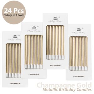 Aplusplanet 24 Count Champagne Gold Birthday Cake Candles, Metallic Long Thin Cake Candle in Holder for Cupcake Wedding, Shower, Party Decorations