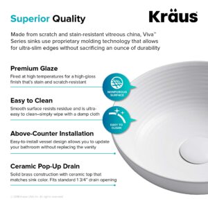 KRAUS Viva™ Round White Porcelain Ceramic Vessel Bathroom Sink with Pop-Up Drain, 13 in. D x 4 3/8 in. H, KCV-204GWH