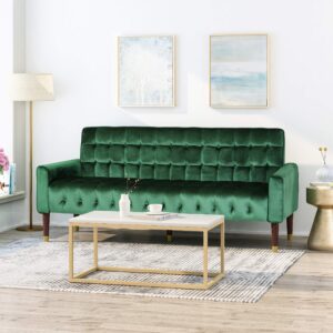 Christopher Knight Home Adan Tufted Velvet Sofa Tipped Tapered Legs, Emerald and Gold Finish