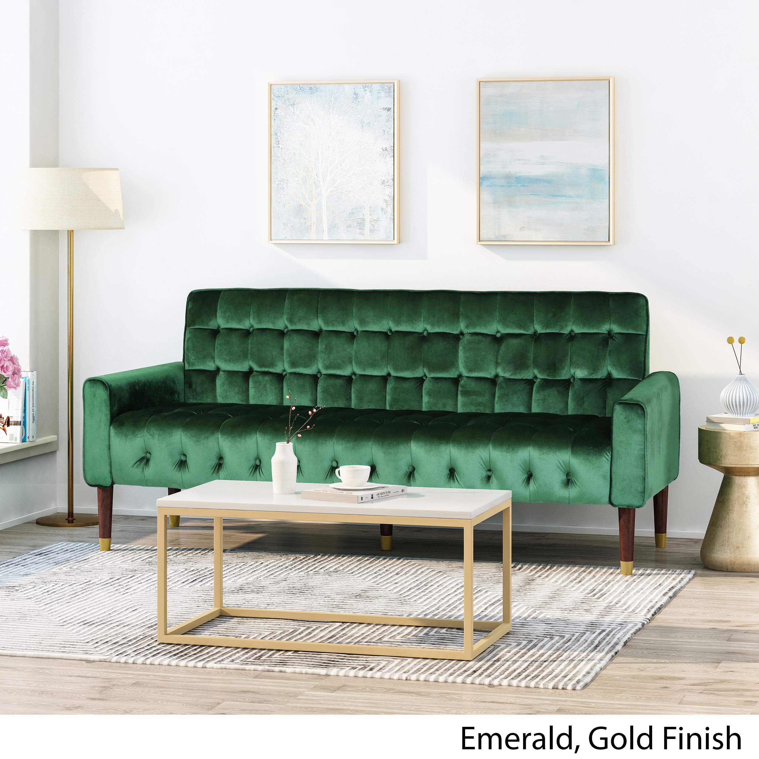 Christopher Knight Home Adan Tufted Velvet Sofa Tipped Tapered Legs, Emerald and Gold Finish