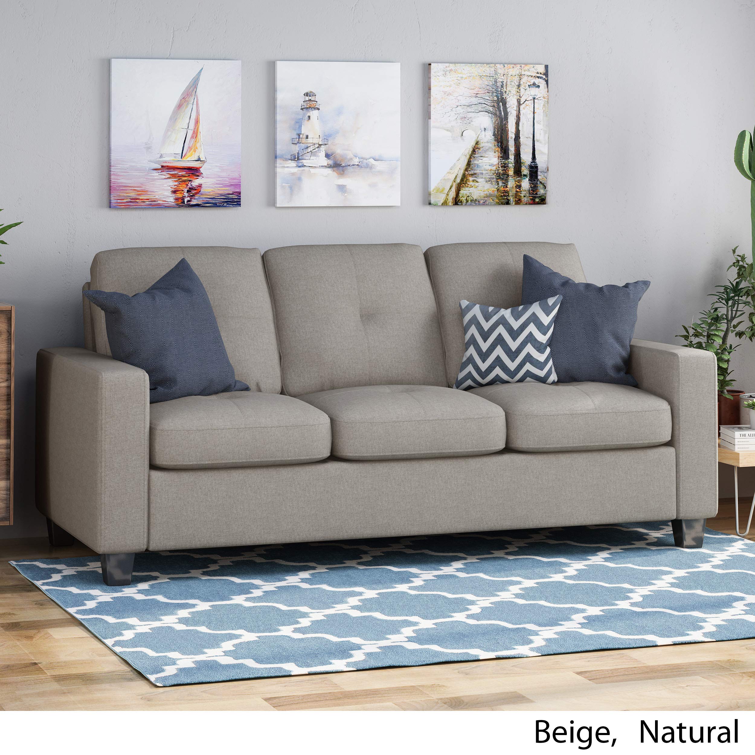 Christopher Knight Home Viviana Three Seater Sofa with Wood Legs, Beige and Natural Finish