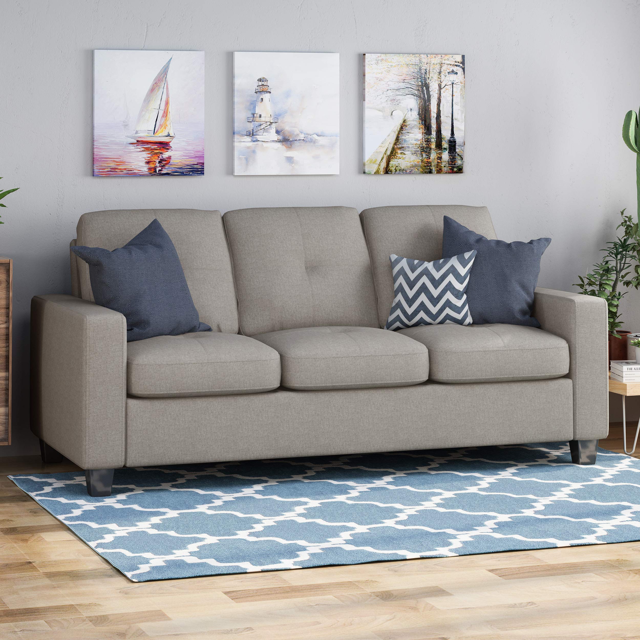 Christopher Knight Home Viviana Three Seater Sofa with Wood Legs, Beige and Natural Finish