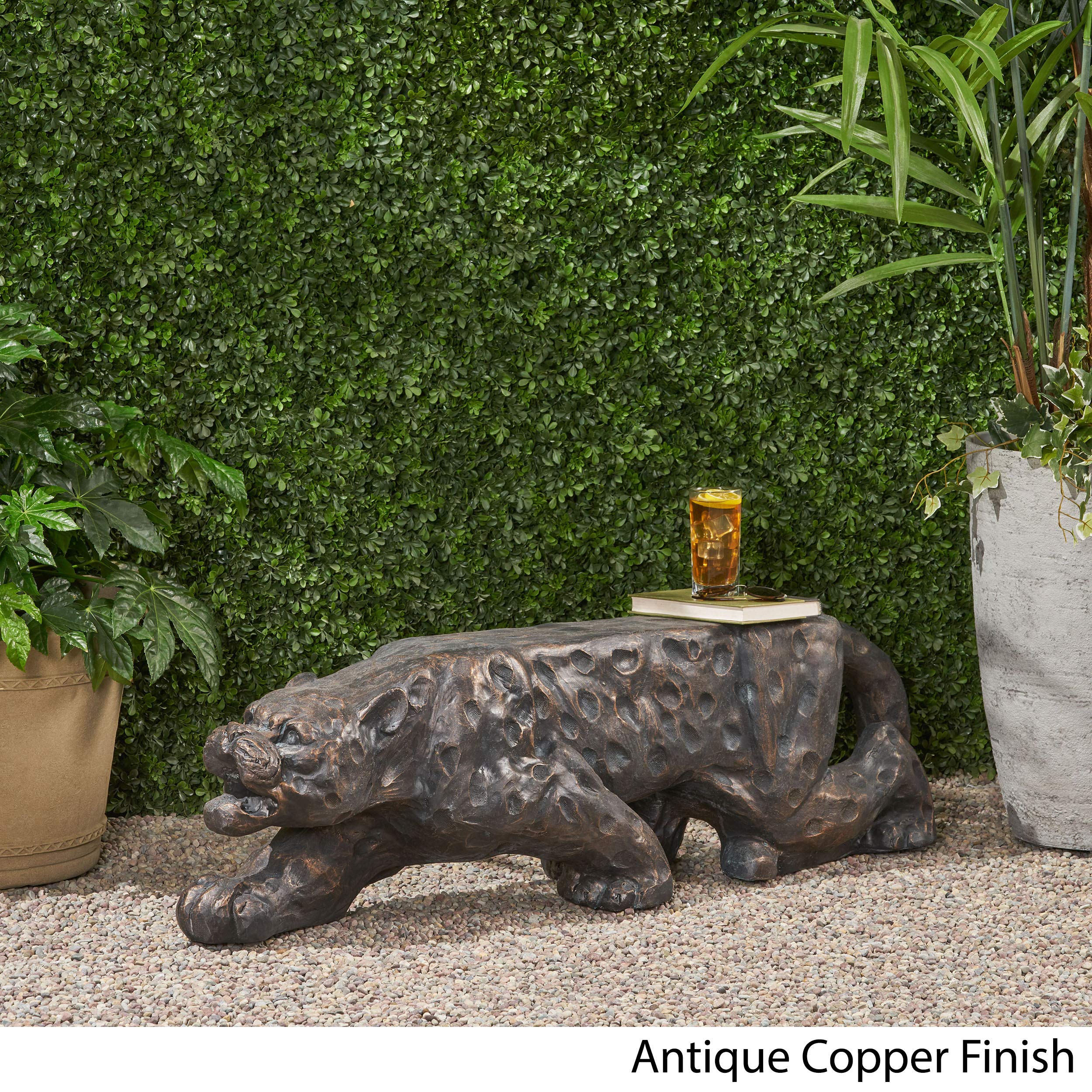 Christopher Knight Home Emersyn Outdoor Leopard Shaped Concrete Bench, Antique Copper Finish