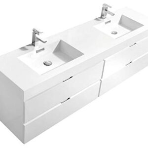 Bliss 80" Double Sink High Gloss White Wall Mount Modern Bathroom Vanity