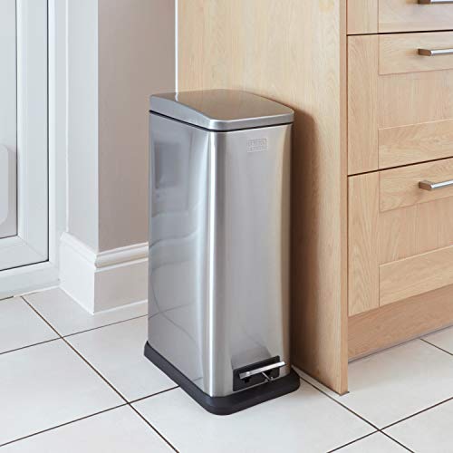 BLACK+DECKER BXBN0004GB 20L Metallic Grey Slimline Pedal Bin with Soft Close Lid, Stainless Steel, 56cm x 22cm x 36cm