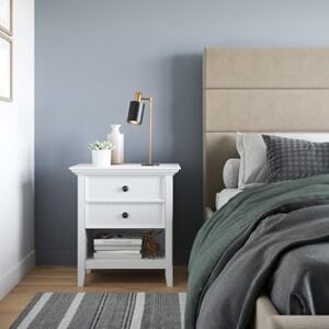 SIMPLIHOME Amherst 24 inches Wide Night Stand, Bedside table, White SOLID WOOD, Rectangle, with Storage, 2 Drawers and 1 Shelf, For the Bedroom, Transitional, White