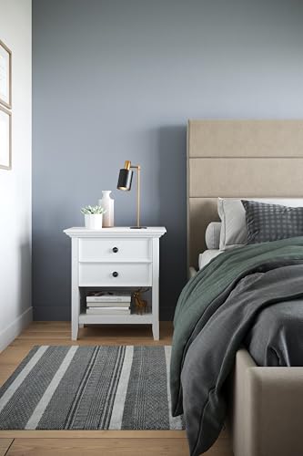 SIMPLIHOME Amherst 24 inches Wide Night Stand, Bedside table, White SOLID WOOD, Rectangle, with Storage, 2 Drawers and 1 Shelf, For the Bedroom, Transitional, White