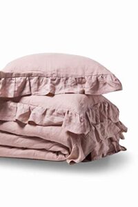 meadow park queen linen cotton duvet cover with pillow shams, 3 pc set, vintage stone washed fabric, ruffle style with button closure and corner ties, blush color