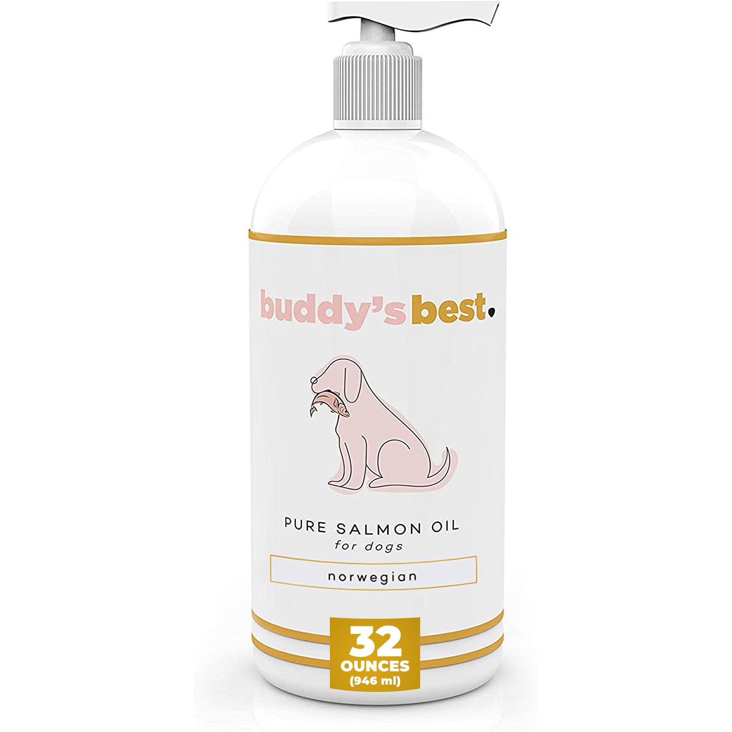 Buddy's Best, Salmon Oil for Dogs 32 oz Bottle with Pump - 100% Pure Norwegian Virtually Odorless Fish Oil - Omega-3 Supplements for Dogs & Cats - Promotes Healthy Skin and Coat - Dog Food Oil