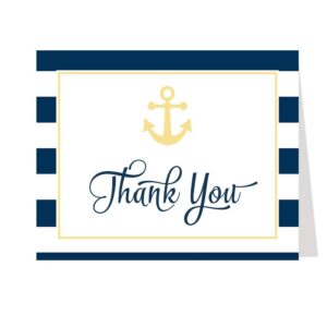 nautical thank you cards bridal shower wedding anchored in love navy blue yellow stripes sea sailing sailor thanks stationary (24 count)