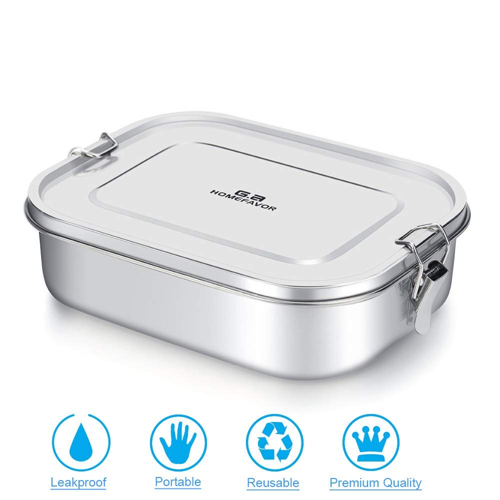 G.a HOMEFAVOR Stainless Steel Bento Lunch Food Box Container, Large 1400ML Metal Bento Lunch Box Container - Lockable Clips to Leak Proof - BPA-Free - Dishwasher Safe