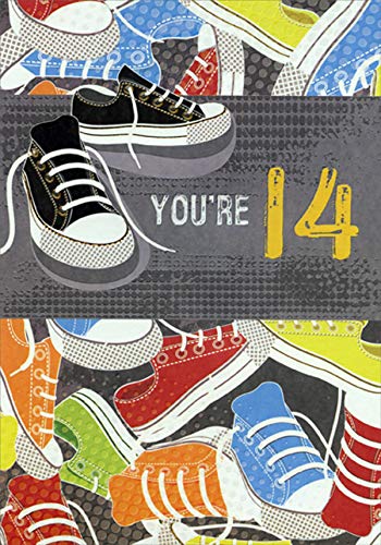 Designer Greetings Black Sneakers with Gold Foil Accents Age 14 / 14th Birthday Card