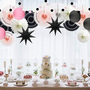 Pink Black White Party Decorations for Girls Women Minnie Mouse First Birthday Decoration Wedding Bridal Baby Shower Hanging Tissue Paper Fans Circle Garland Paper Lanterns