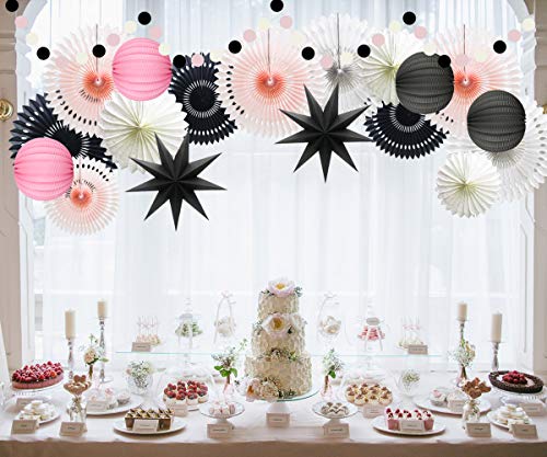 Pink Black White Party Decorations for Girls Women Minnie Mouse First Birthday Decoration Wedding Bridal Baby Shower Hanging Tissue Paper Fans Circle Garland Paper Lanterns