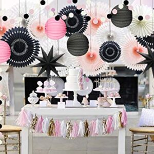 Pink Black White Party Decorations for Girls Women Minnie Mouse First Birthday Decoration Wedding Bridal Baby Shower Hanging Tissue Paper Fans Circle Garland Paper Lanterns