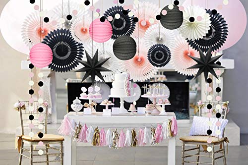 Pink Black White Party Decorations for Girls Women Minnie Mouse First Birthday Decoration Wedding Bridal Baby Shower Hanging Tissue Paper Fans Circle Garland Paper Lanterns