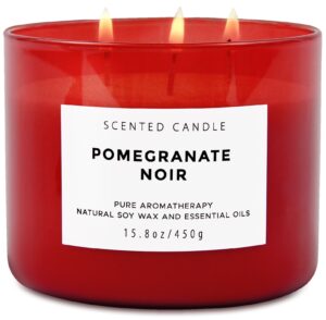 pomegranate noir 3-wick scented candle with strawberry & vanilla | highly scented natural soy candle for home & office | aromatherapy stress relief candle | luxury winter gift candle for women & men