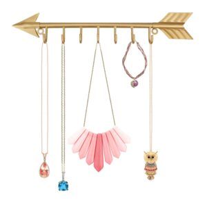 urban deco wall mounted gold arrow shaped jewelry organizer key holders– 7 hooks metal necklace hanging holder for girls and women (gold)