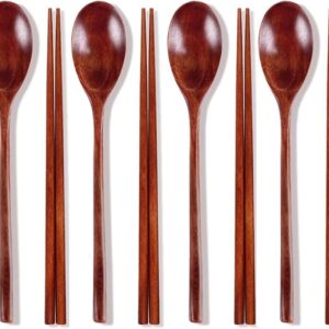 Ecloud Shop Wooden Chopsticks Spoon Set Korean Dinnerware Reusable Long Handle Spoons Chopsticks for Home Kitchen Restaurant (4 Sets)