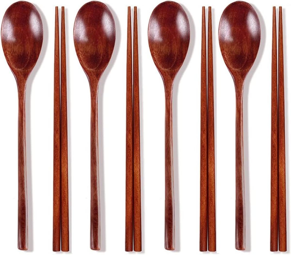 Ecloud Shop Wooden Chopsticks Spoon Set Korean Dinnerware Reusable Long Handle Spoons Chopsticks for Home Kitchen Restaurant (4 Sets)