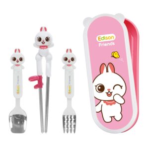 edison friends rabbit stainless steel chopsticks, spoon, fork and case 4 set, chopsticks training, beginner, brain training (white rabbit) right handed/made in korea